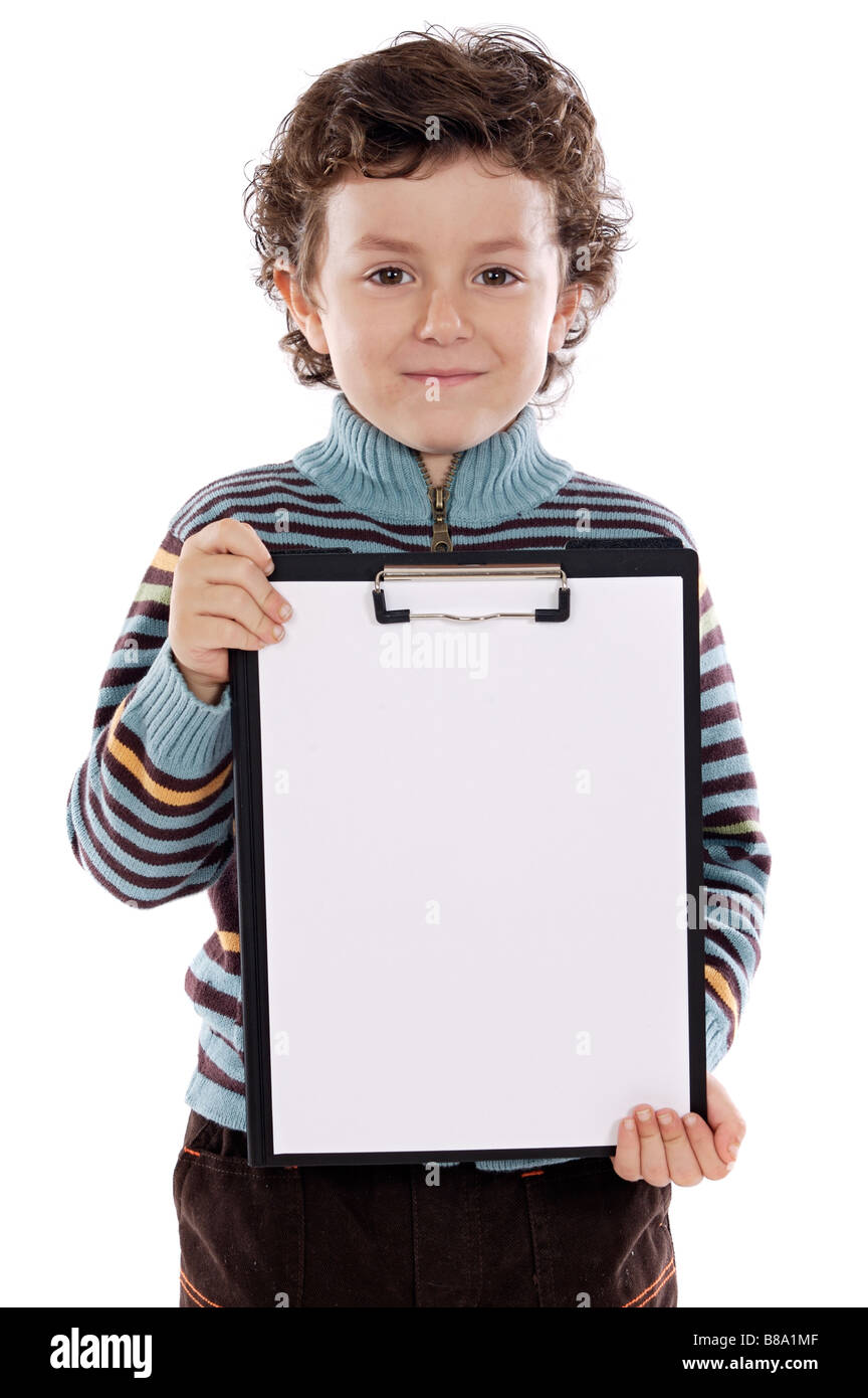 Young boy with clipboard over white background Stock Photo - Alamy