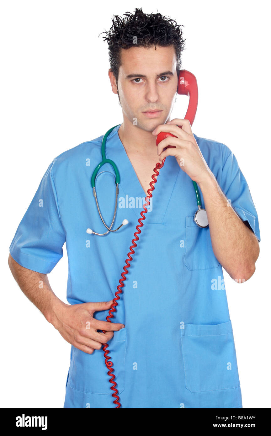 doctor speaking on the telephone a over white background Stock Photo ...