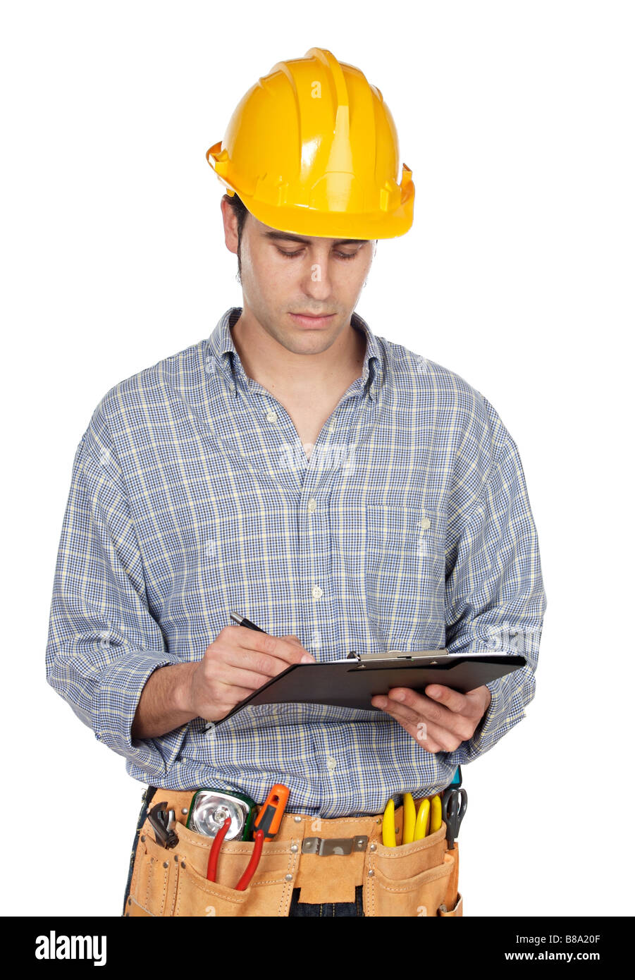 Attractive construction worker on a over white background Stock Photo ...