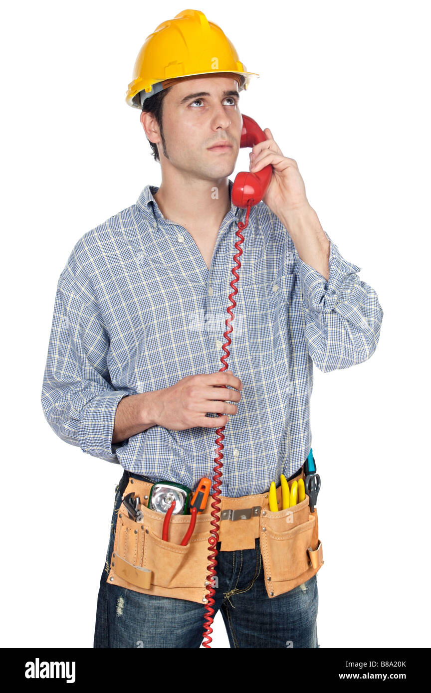 Construction worker talking on the phone a over white background Stock ...