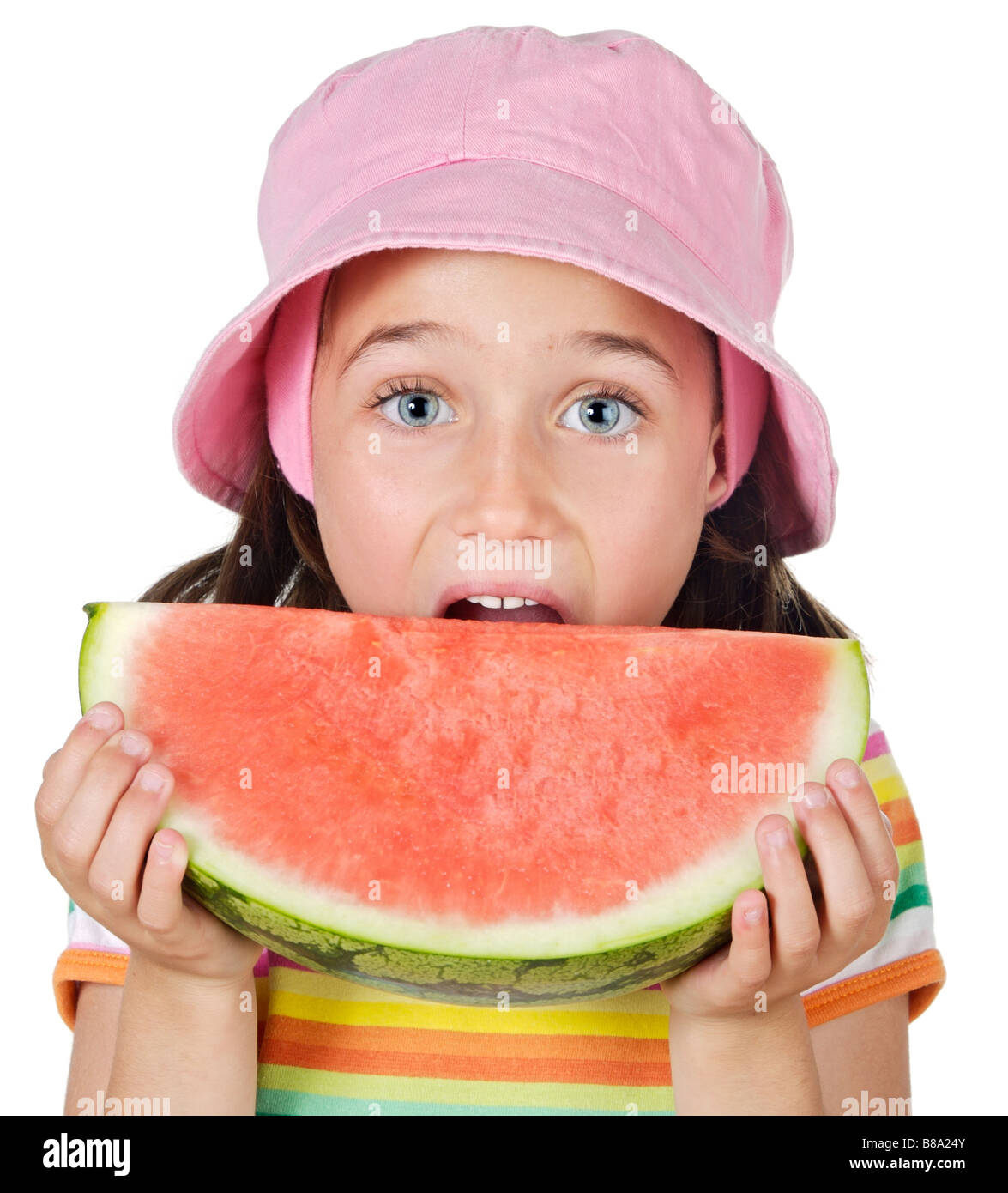 adorable girl eating watermelon a over white background Stock Photo - Alamy