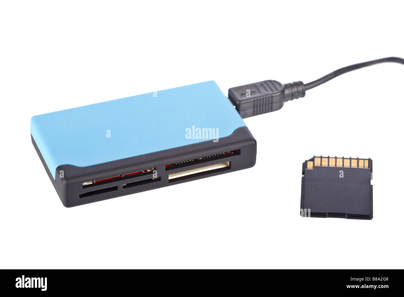 Multimedia card reader and SDHC card isolated on white background ...