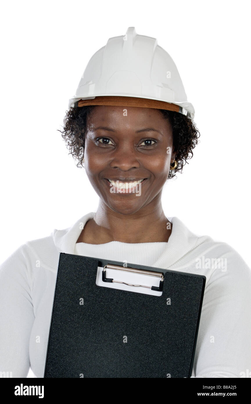 Woman engineer on a over white background Stock Photo - Alamy