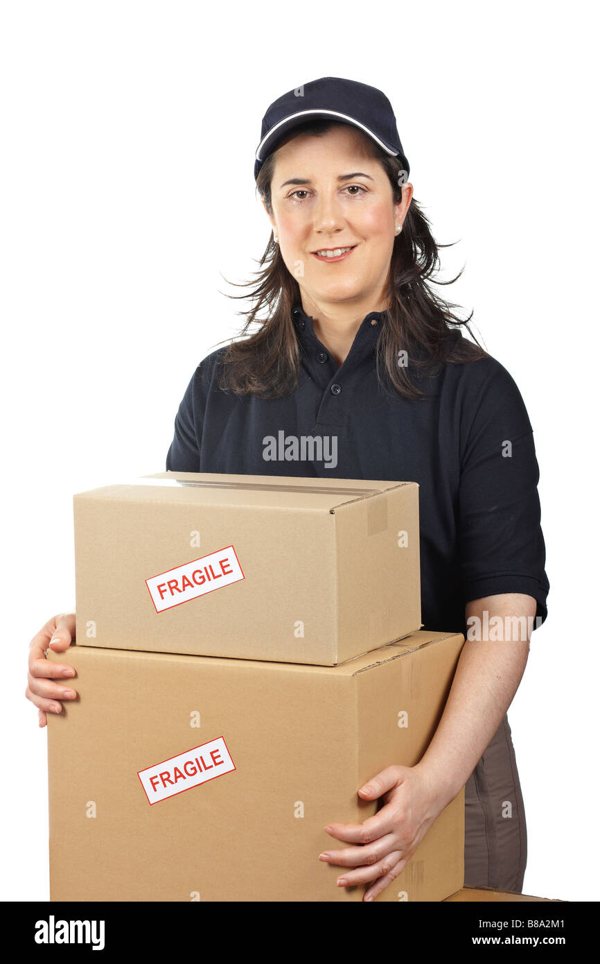 Courier woman delivering a parcels fragile isolated on white background ...