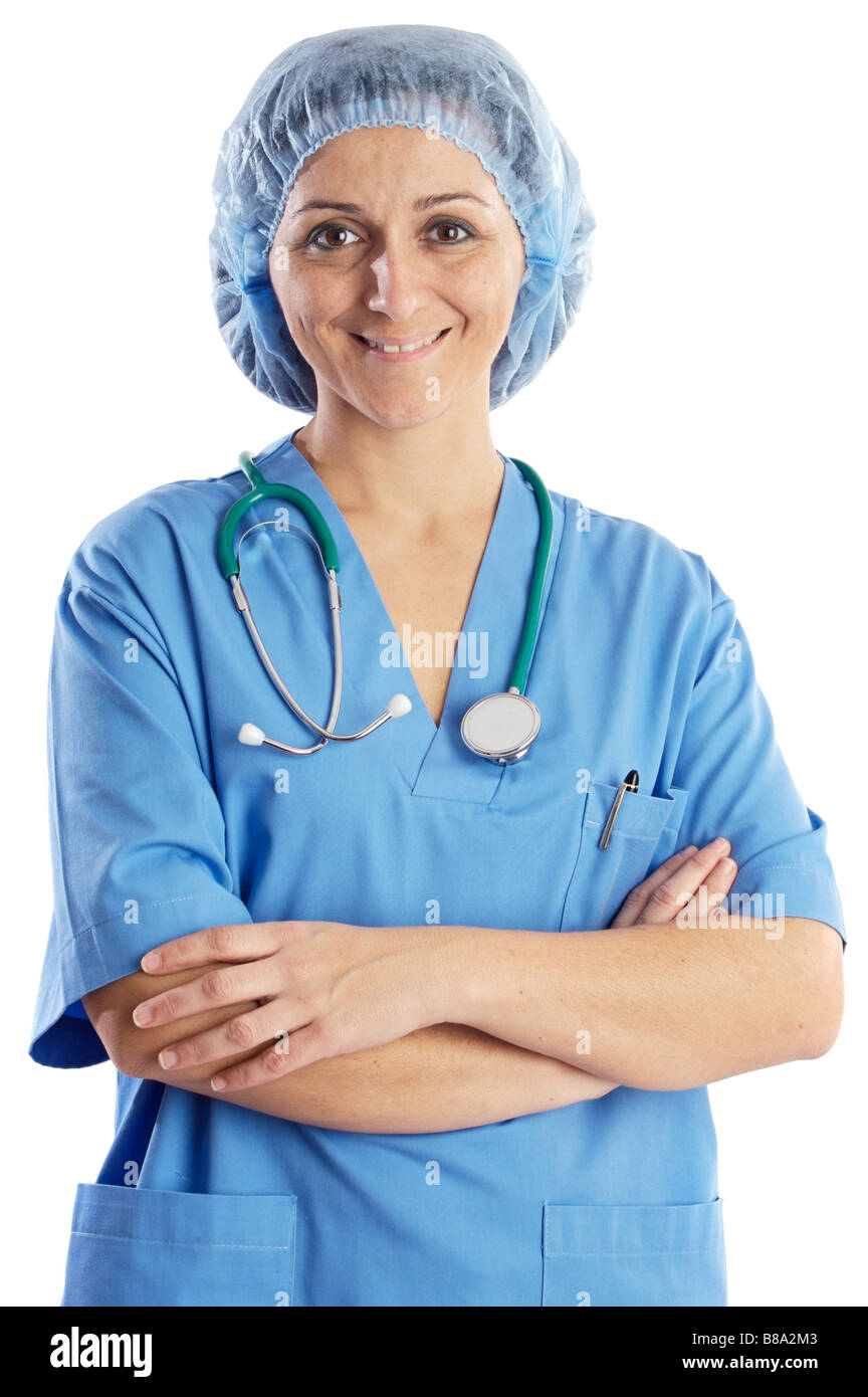 Lady doctor whit blue overall a over white background Stock Photo - Alamy