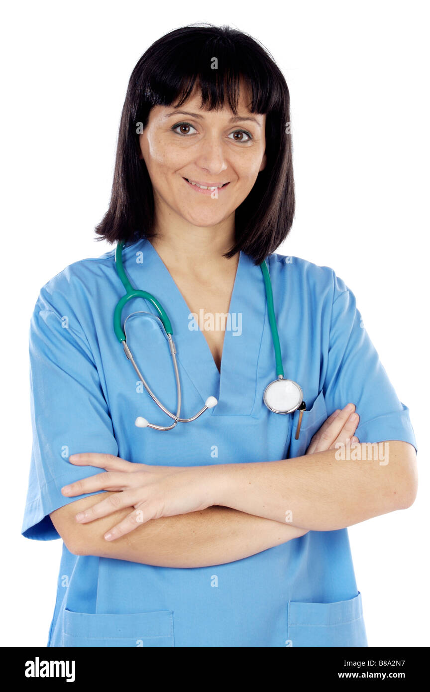 Lady doctor whit blue overall a over white background Stock Photo - Alamy