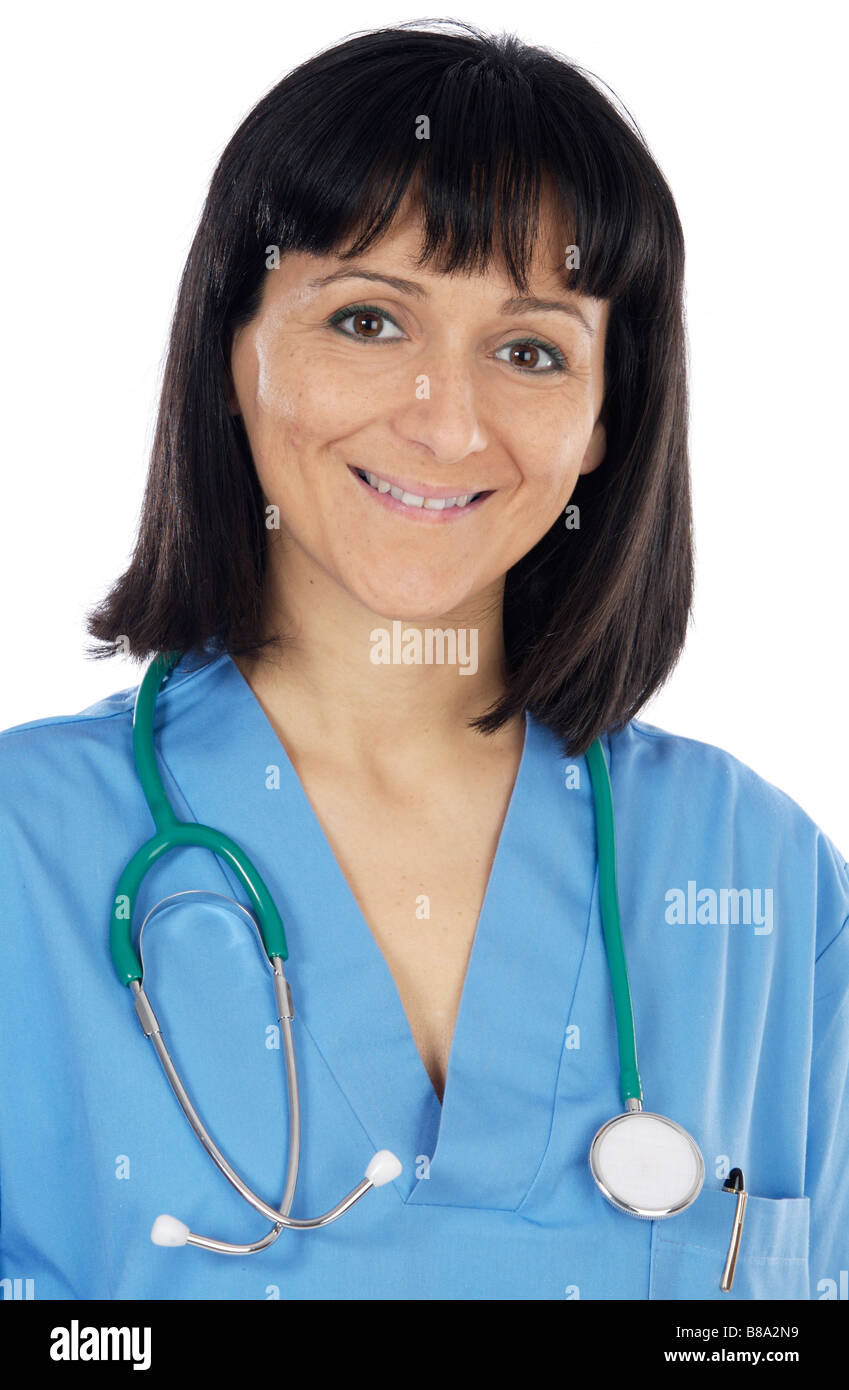 Lady doctor whit blue overall a over white background Stock Photo - Alamy