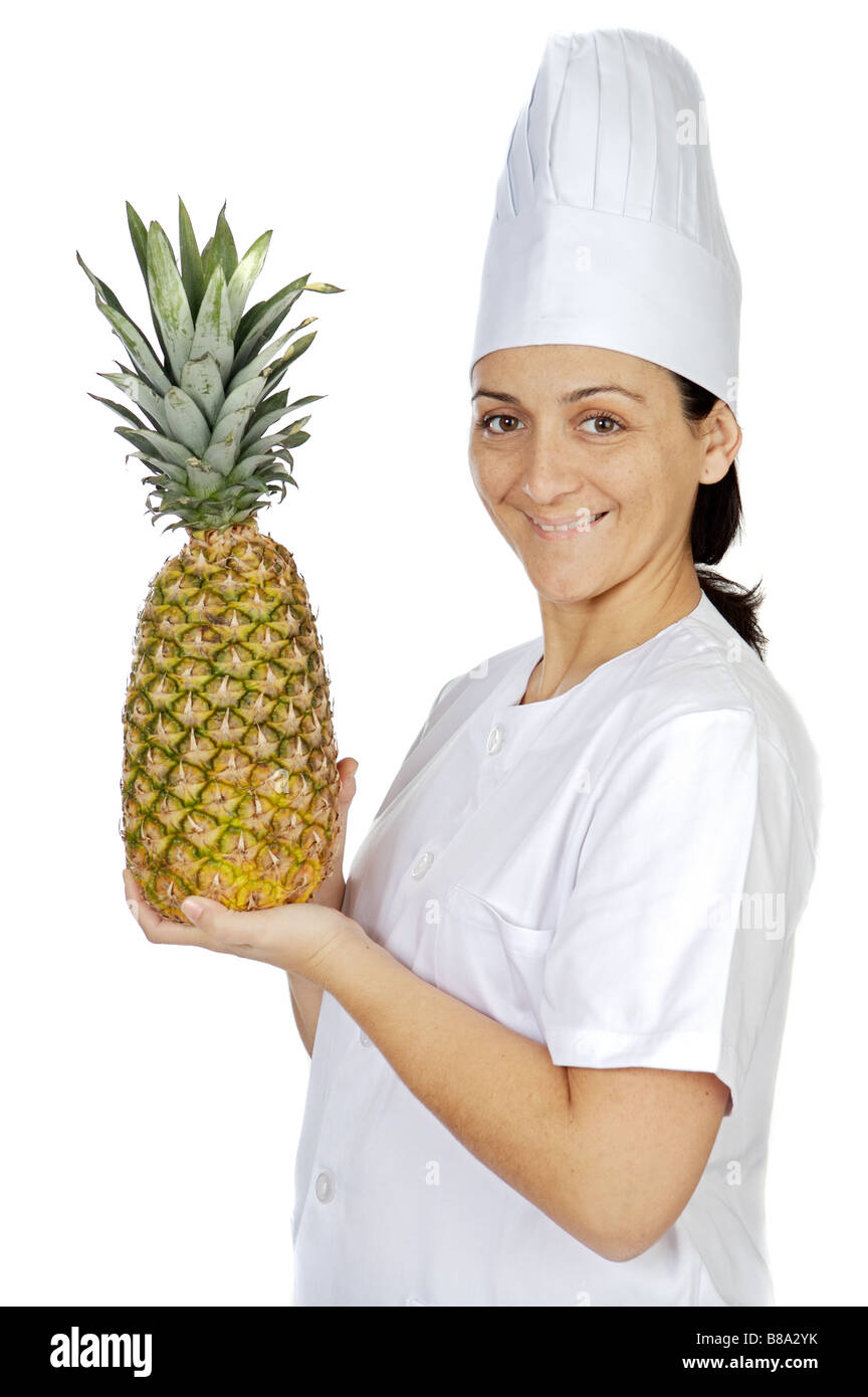 happy attractive cook woman a over white background Stock Photo - Alamy