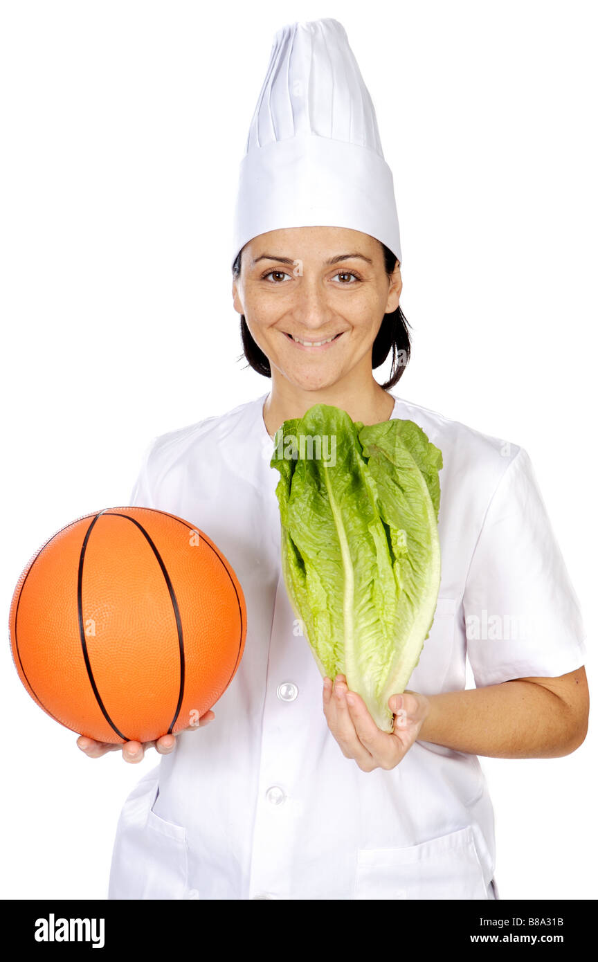 happy attractive cook woman with basketball ball a over white ...