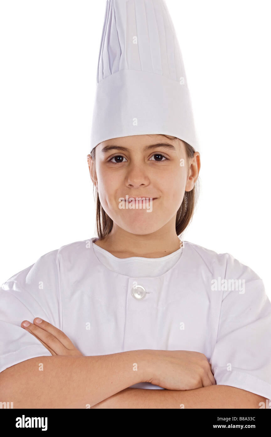 Adorable cook girl a over white background Stock Photo - Alamy