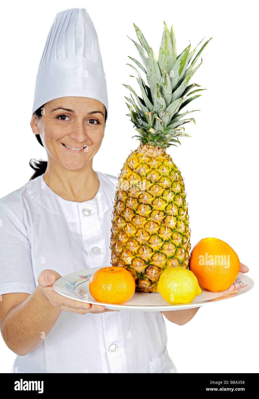 happy attractive cook woman a over white background Stock Photo - Alamy
