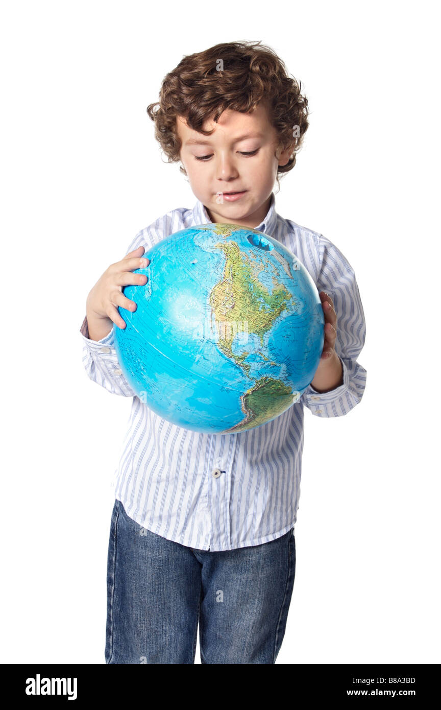 Adorable boy worried about the planet earth over white background Stock ...