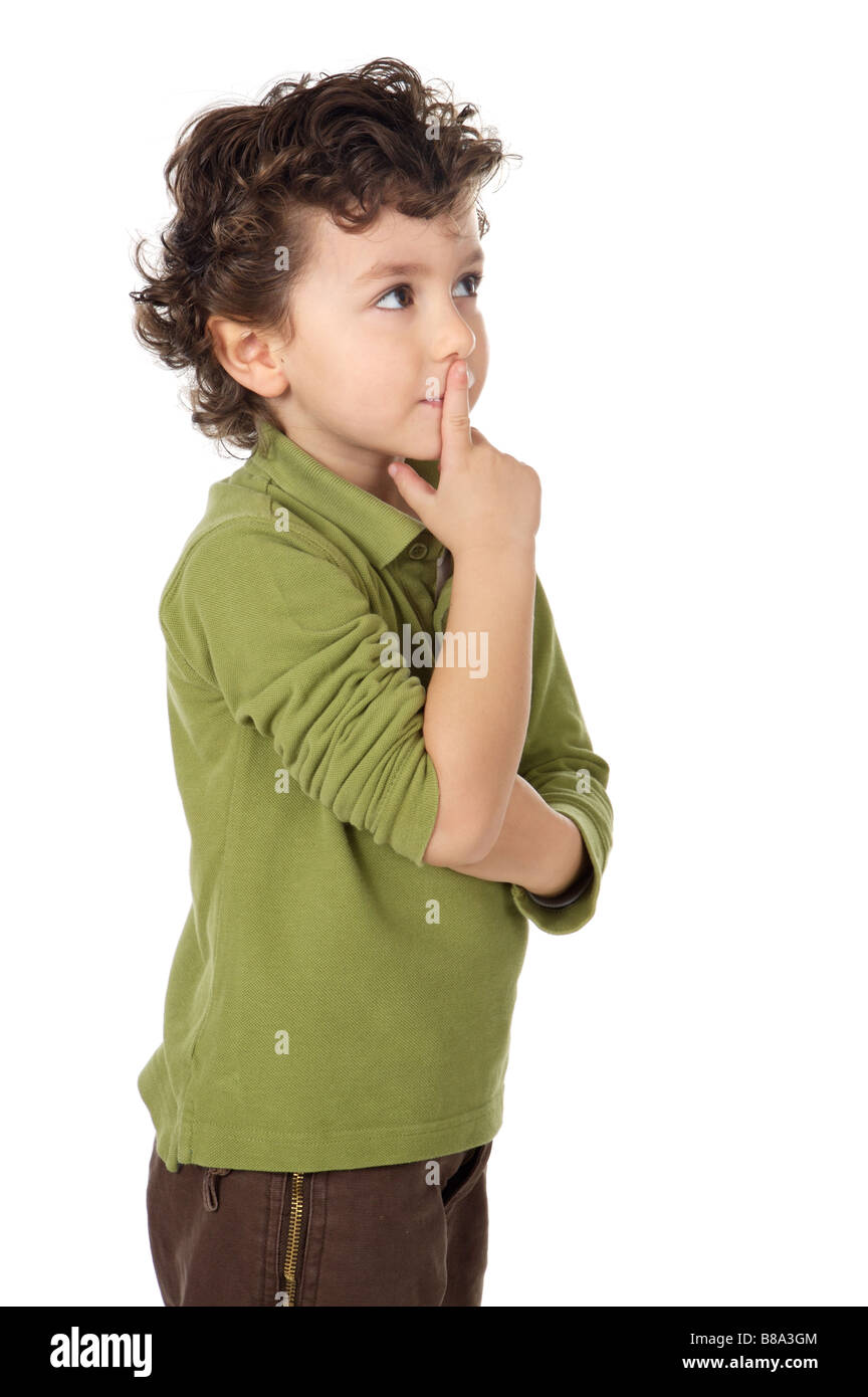 photo of an adorable boy thinking a over white background Stock Photo ...