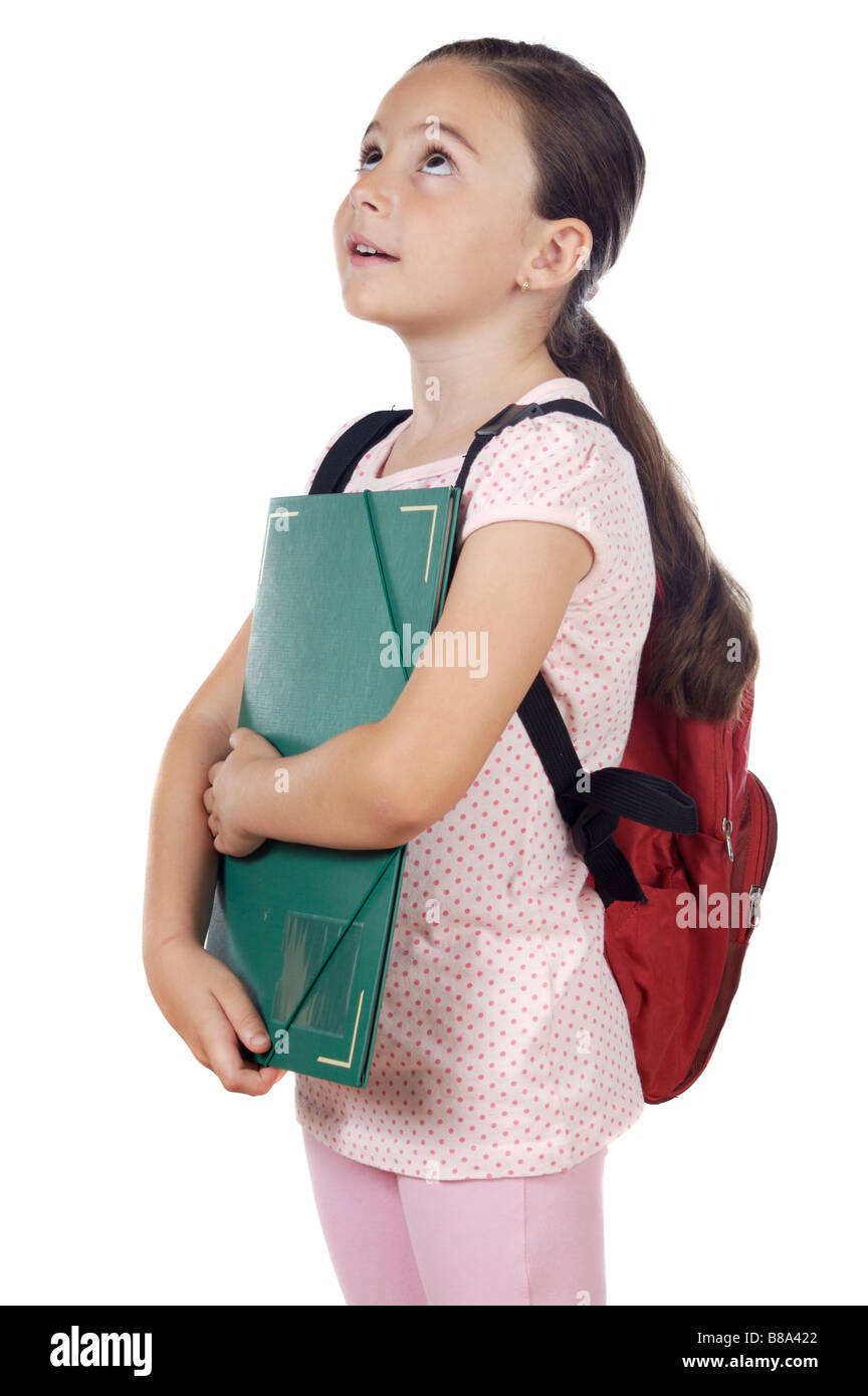Girl with backpack and folder over white background Stock Photo - Alamy