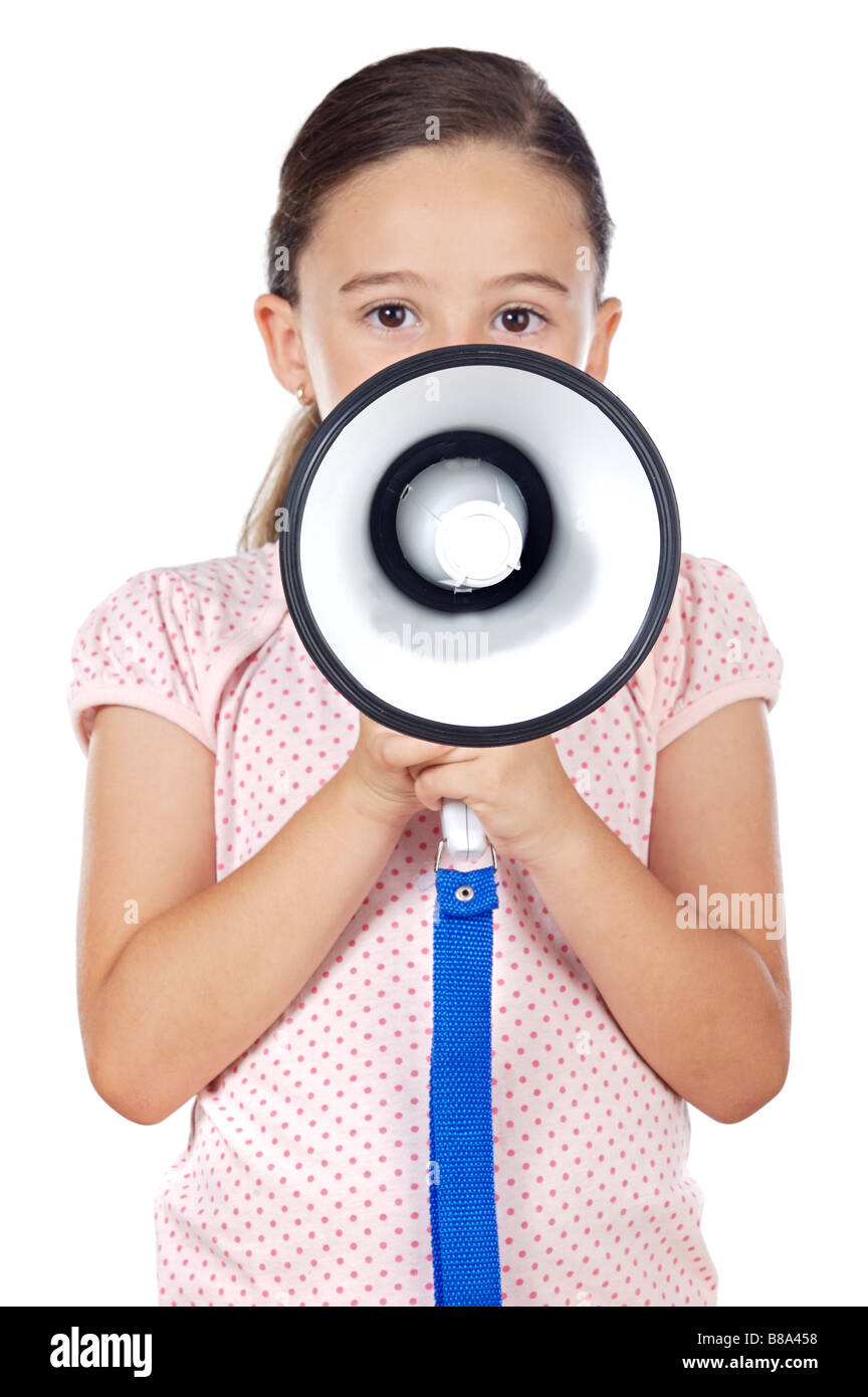 Little girl shouting through megaphone focus in the megaphone Stock ...