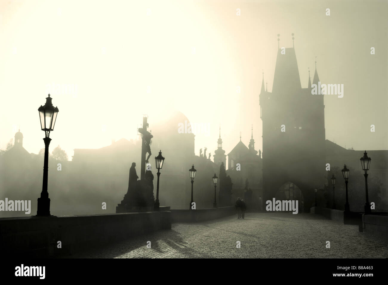 Prague - Charles bridge in morning fog Stock Photo - Alamy