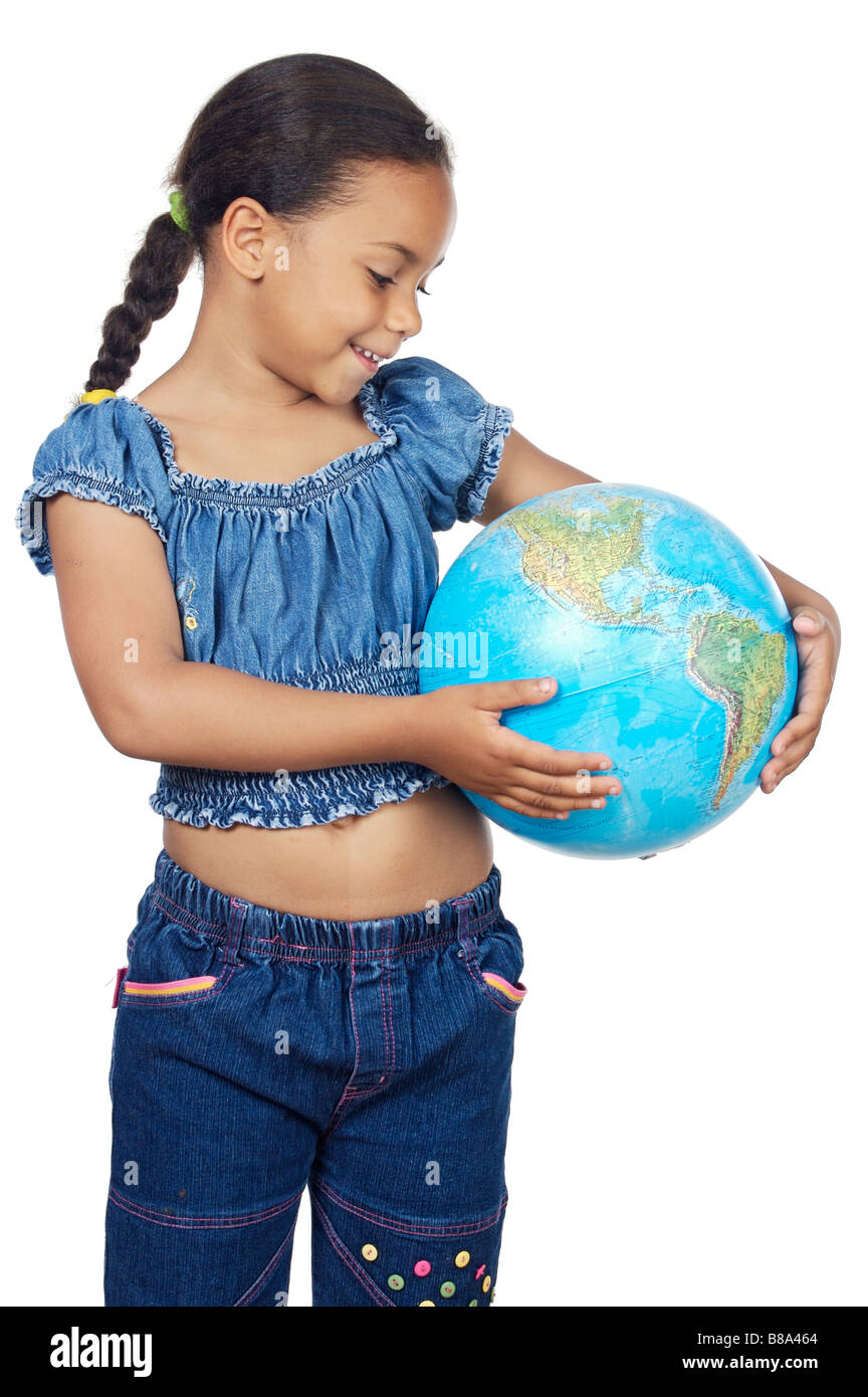 Girl with a globe of the world over white background Stock Photo - Alamy