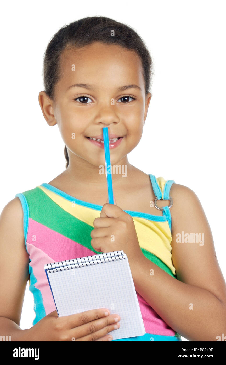 adorable girl writing a over white background Stock Photo - Alamy