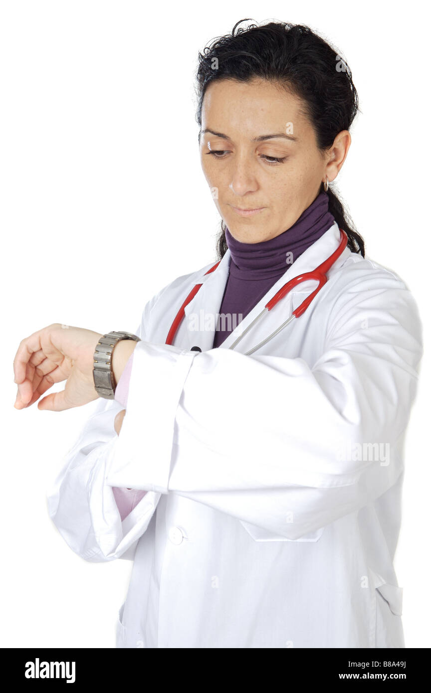 Doctor watching the hour in the clock a over white background Stock ...