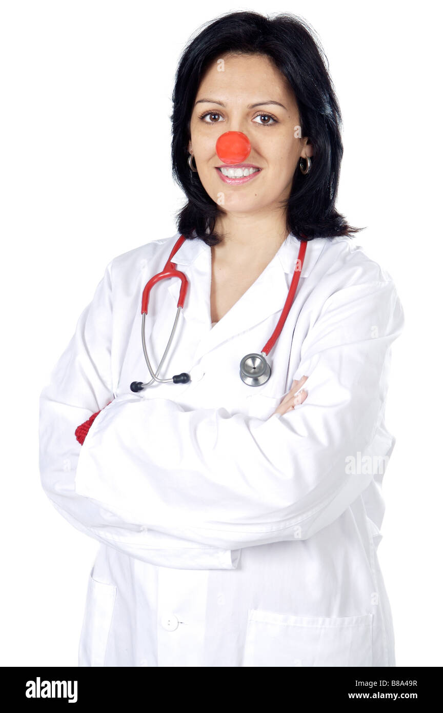Attractive lady doctor with a red nose over a white background Stock ...