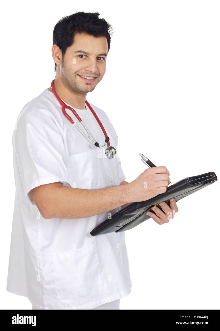 young doctor taking notes in a notebook a over white background Stock ...