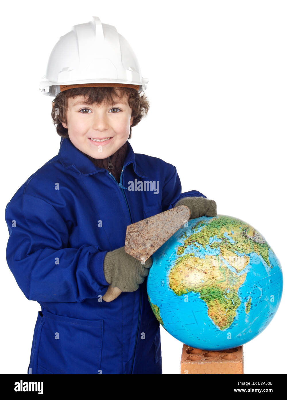 Adorable future builder constructing the world a over white background ...