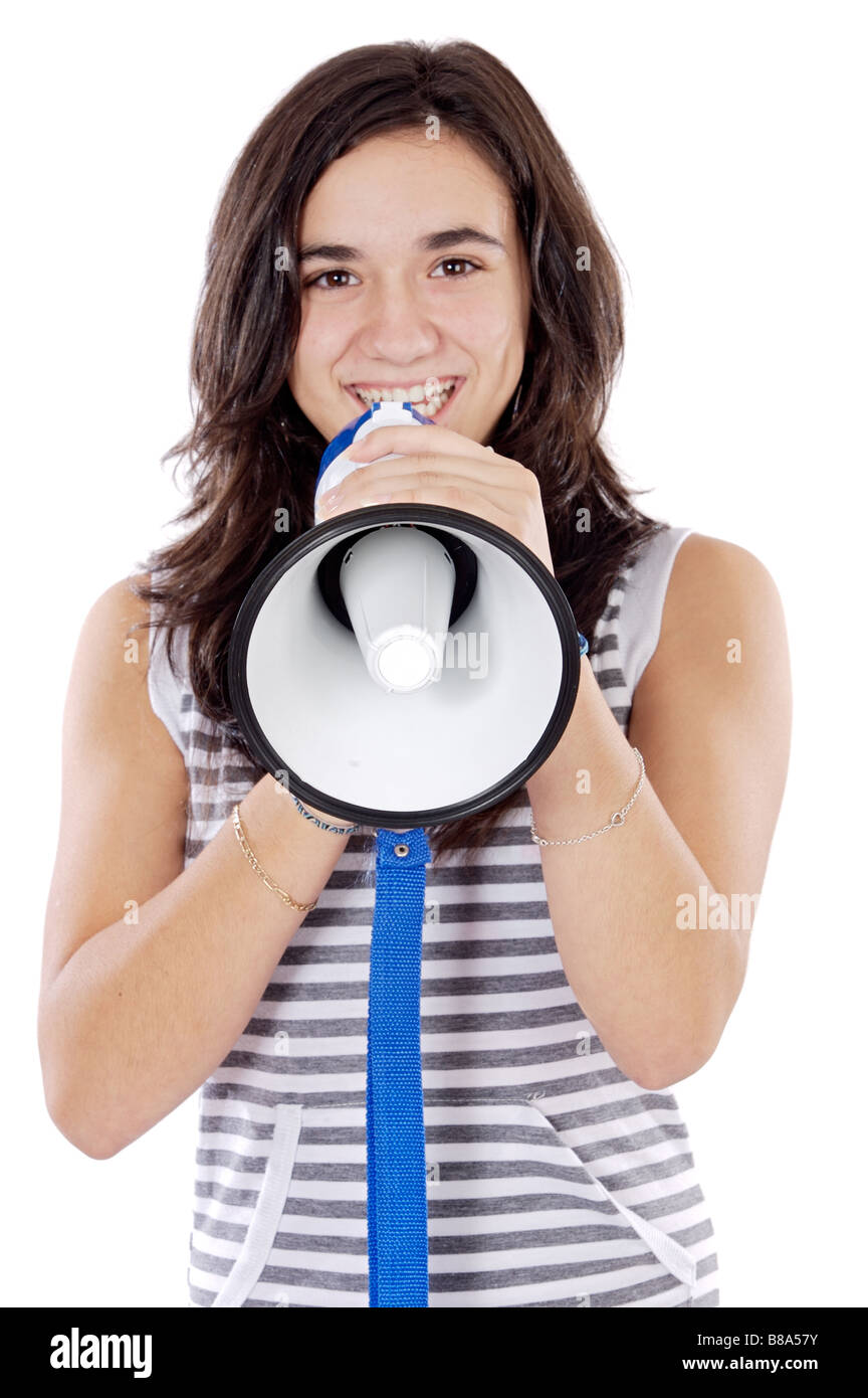 Teenager speaking through a megaphone focus in the frist plane Stock ...