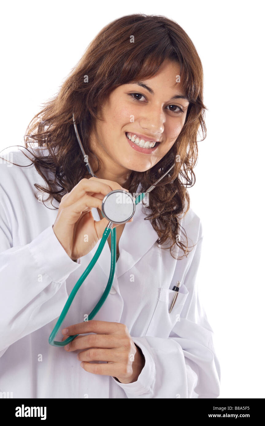 Pretty girl doctor with stethoscope isolated on white Stock Photo - Alamy