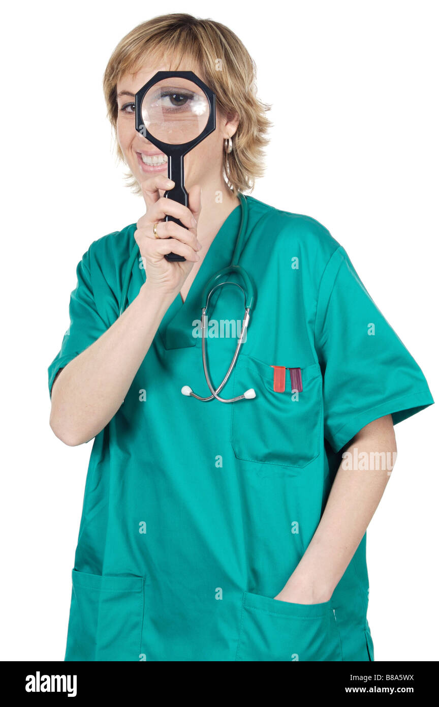 Woman doctor with magnifying glass over white background Stock Photo ...