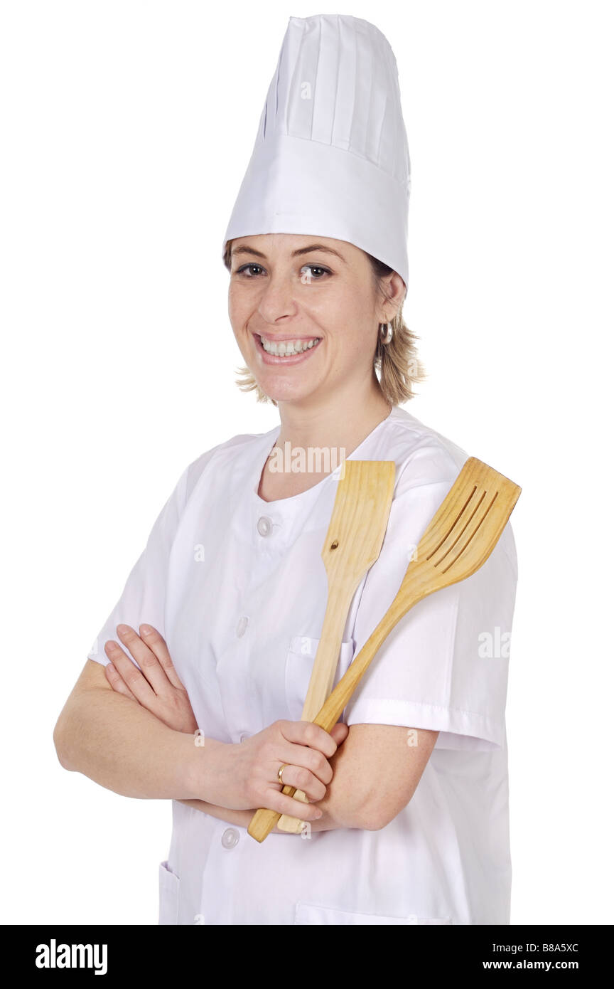happy attractive cook woman a over white background Stock Photo - Alamy