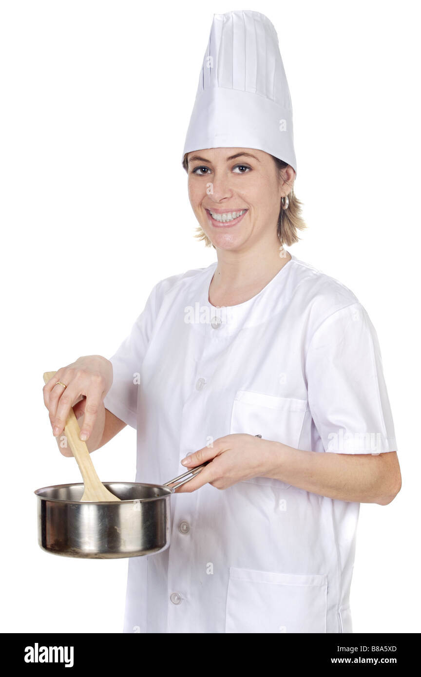 happy attractive cook woman a over white background Stock Photo - Alamy