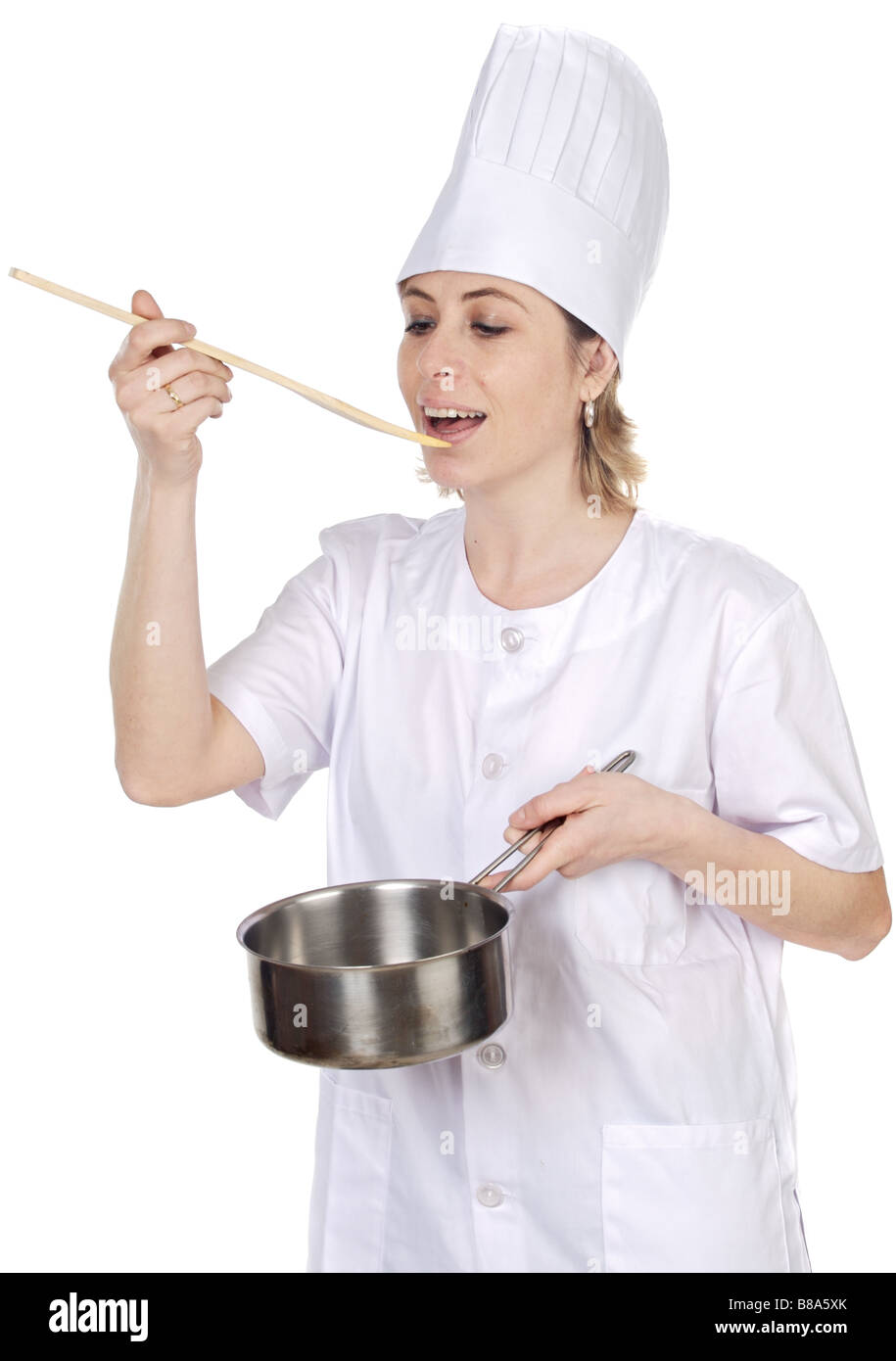 happy attractive cook woman a over white background Stock Photo - Alamy
