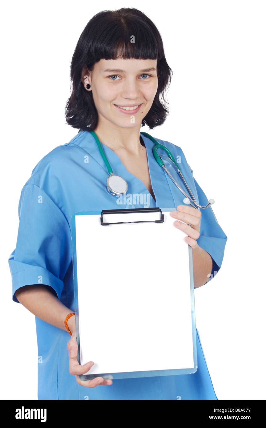 Female nurse holding blank chart over white background Stock Photo - Alamy