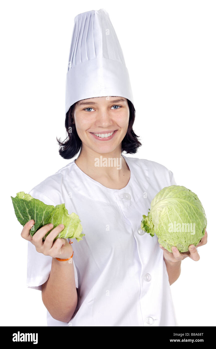 happy attractive cook woman a over white background Stock Photo - Alamy