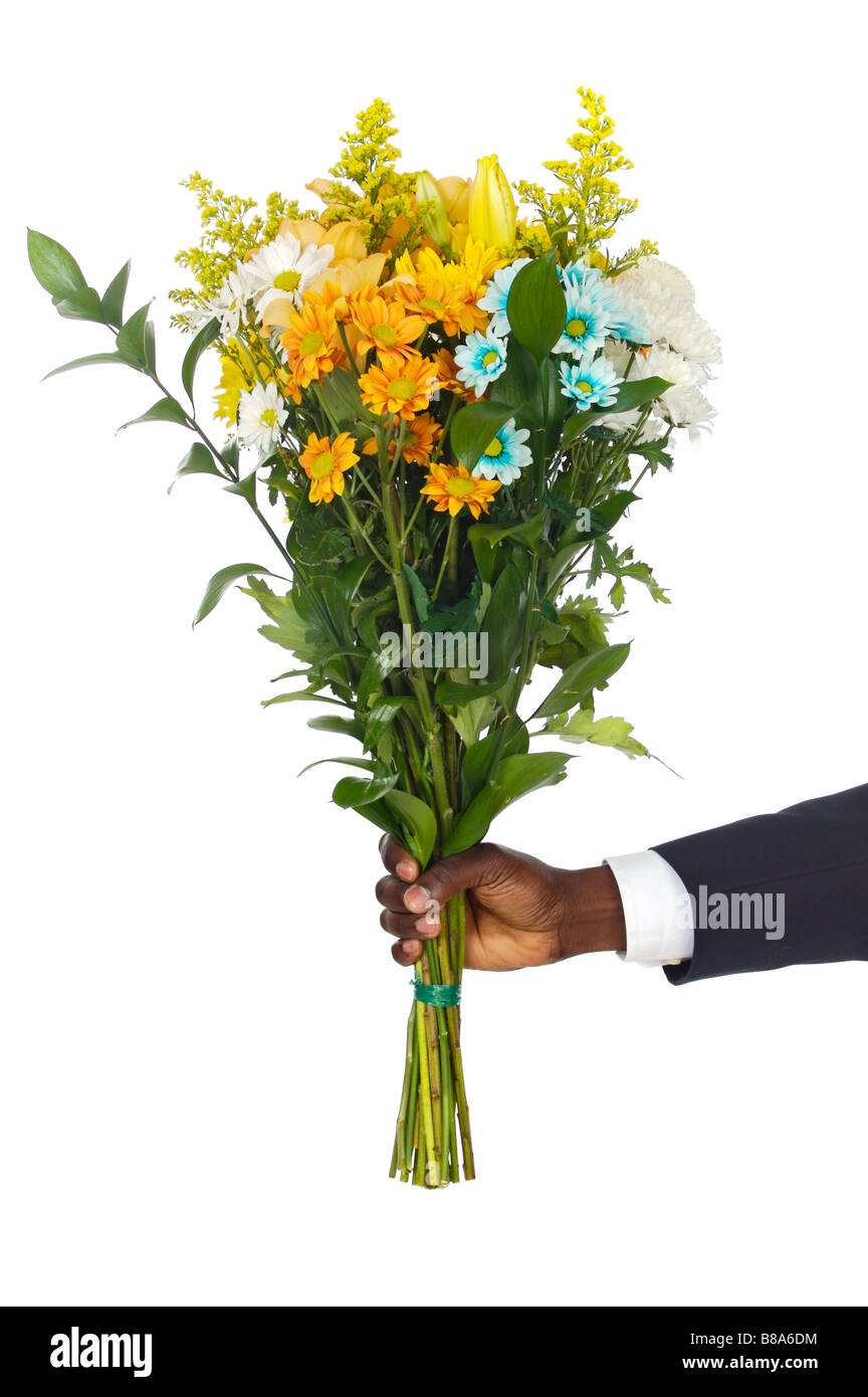 hand giving flowers a over white background Stock Photo - Alamy
