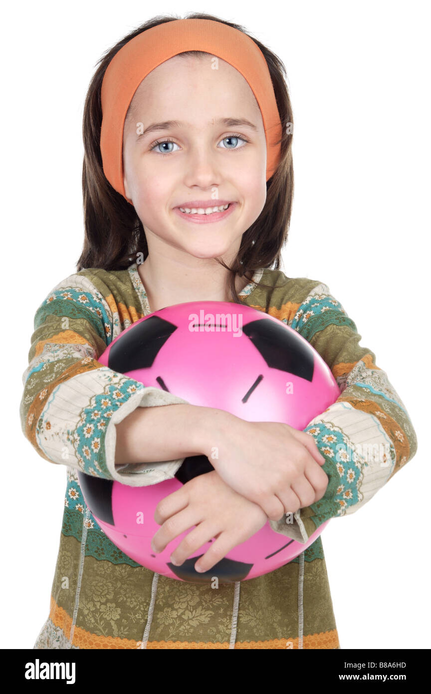 adorable girl whit ball a over white background Stock Photo - Alamy