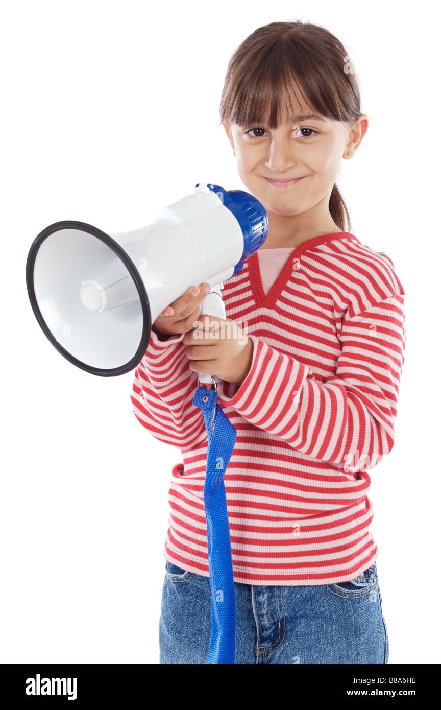 Little girl shouting through megaphone over white background Stock ...