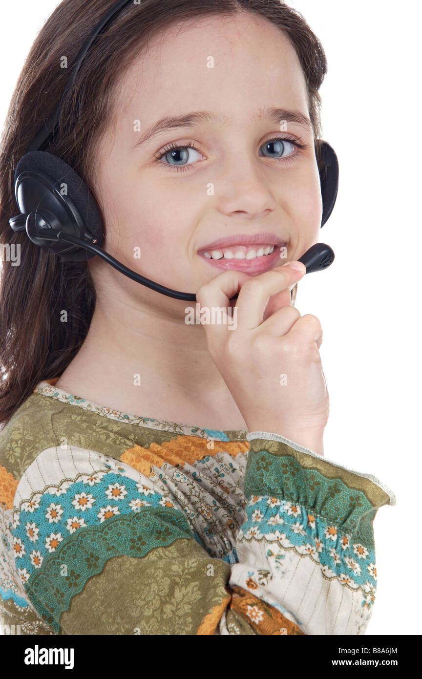 Cute girl with headset over white background Stock Photo - Alamy