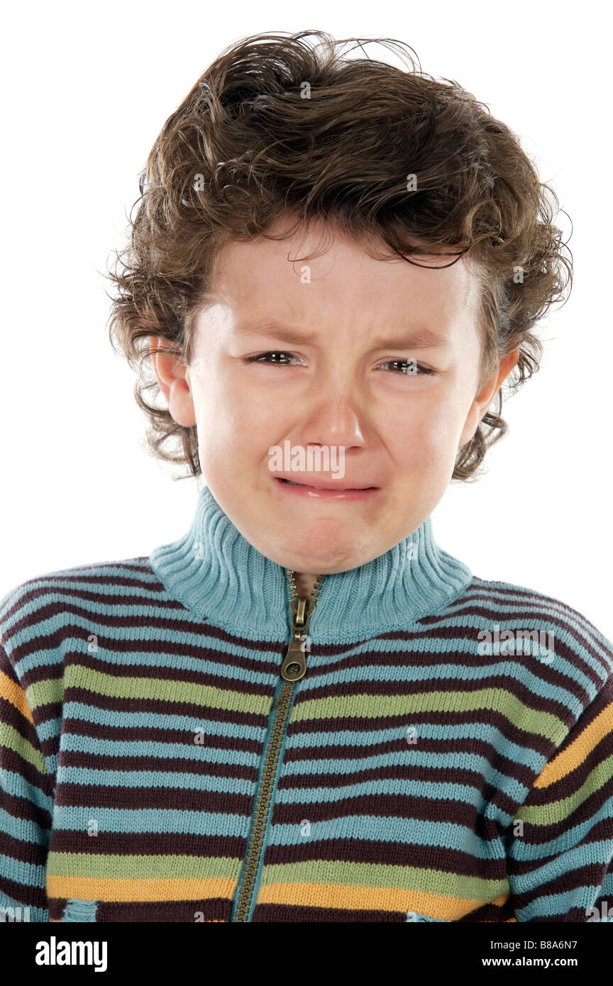 Adorable child crying a over white background Stock Photo - Alamy