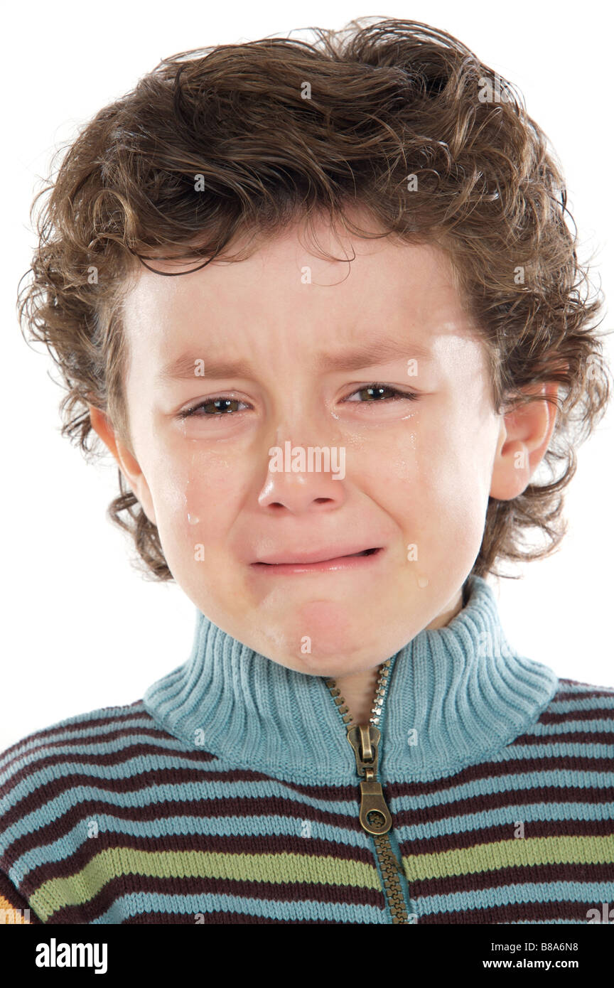 Adorable child crying a over white background Stock Photo - Alamy