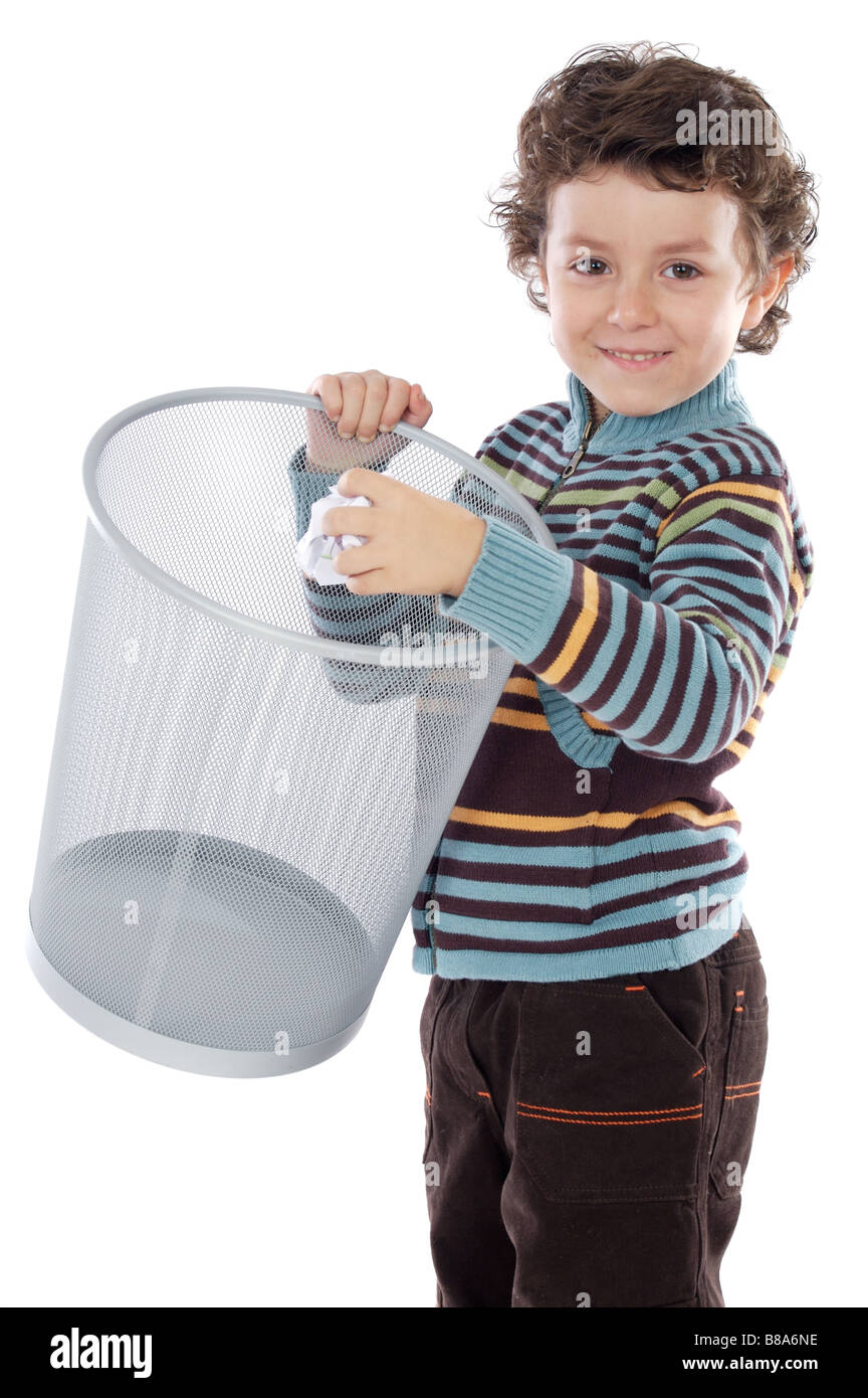 Boy with wastebasket over a white background Stock Photo - Alamy