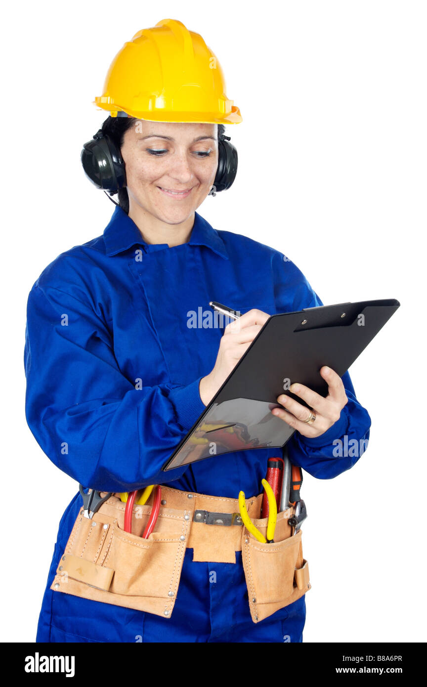 Lady construction worker a over white background with notepad Stock ...