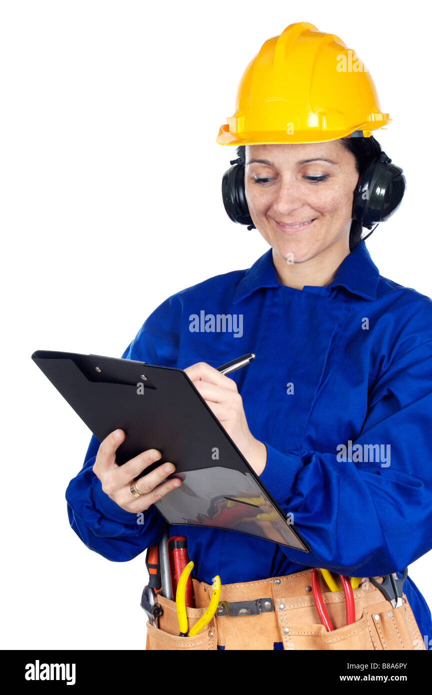 Lady construction worker a over white background with notepad Stock ...
