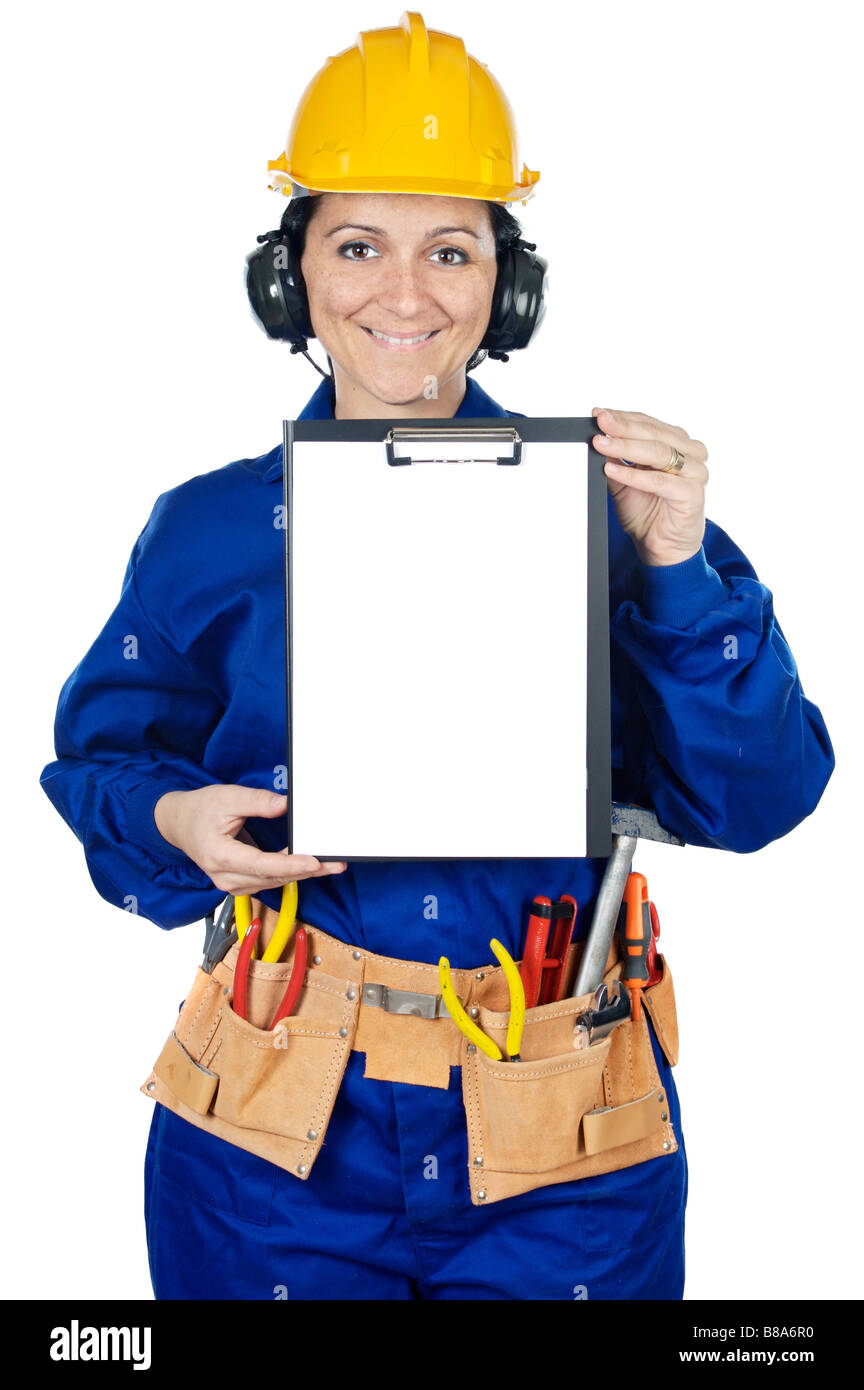 Lady construction worker a over white background with notepad you can ...