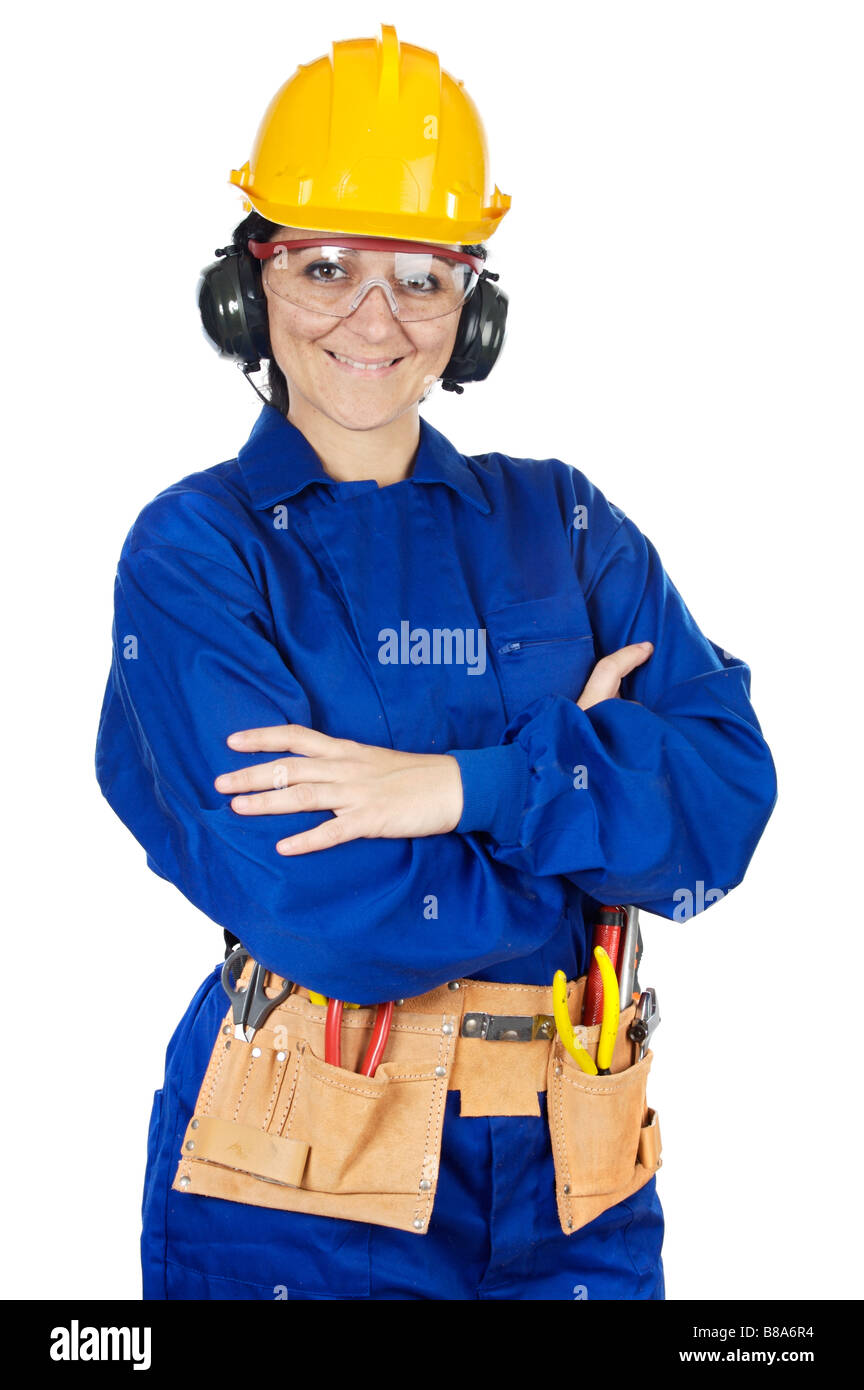Lady construction worker a over white background with notepad Stock ...