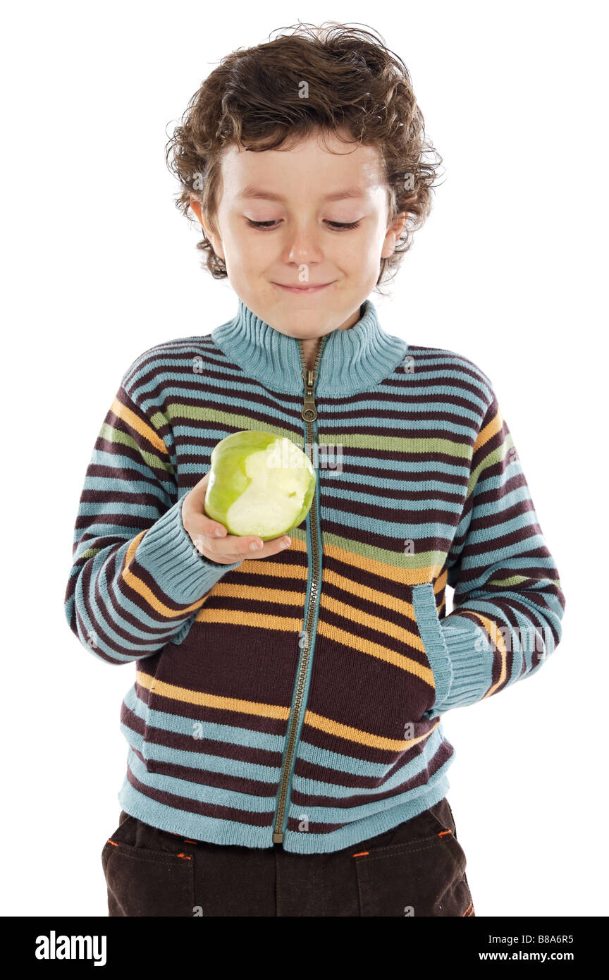 Adorable child eating an apple a over white background Stock Photo - Alamy