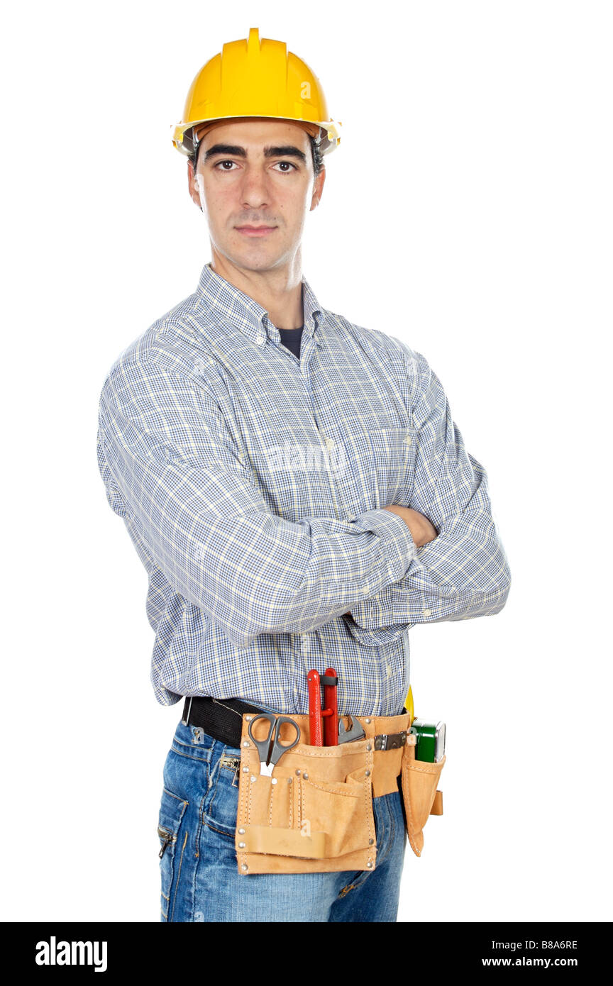 Construction worker a over white background Stock Photo - Alamy