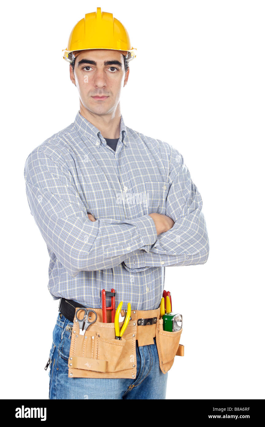 Construction worker a over white back ground Stock Photo - Alamy