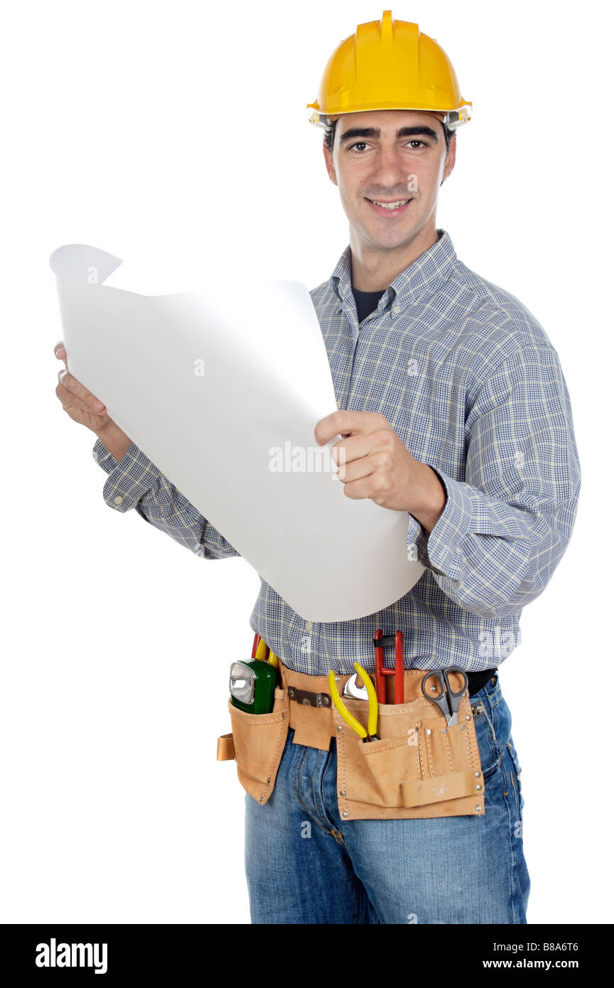 Construction worker a over white background Stock Photo - Alamy