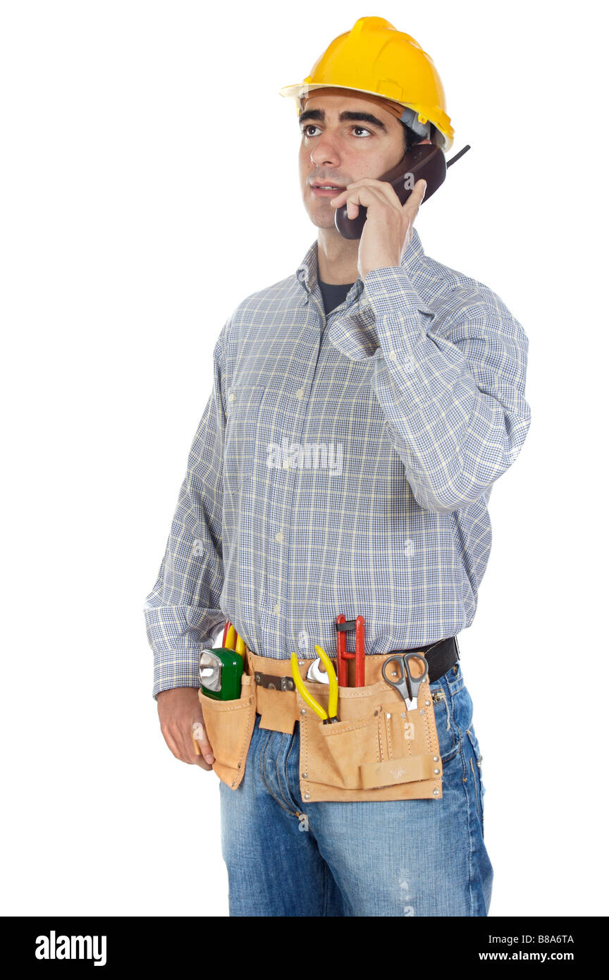 Construction worker talking on the phone a over white background Stock ...